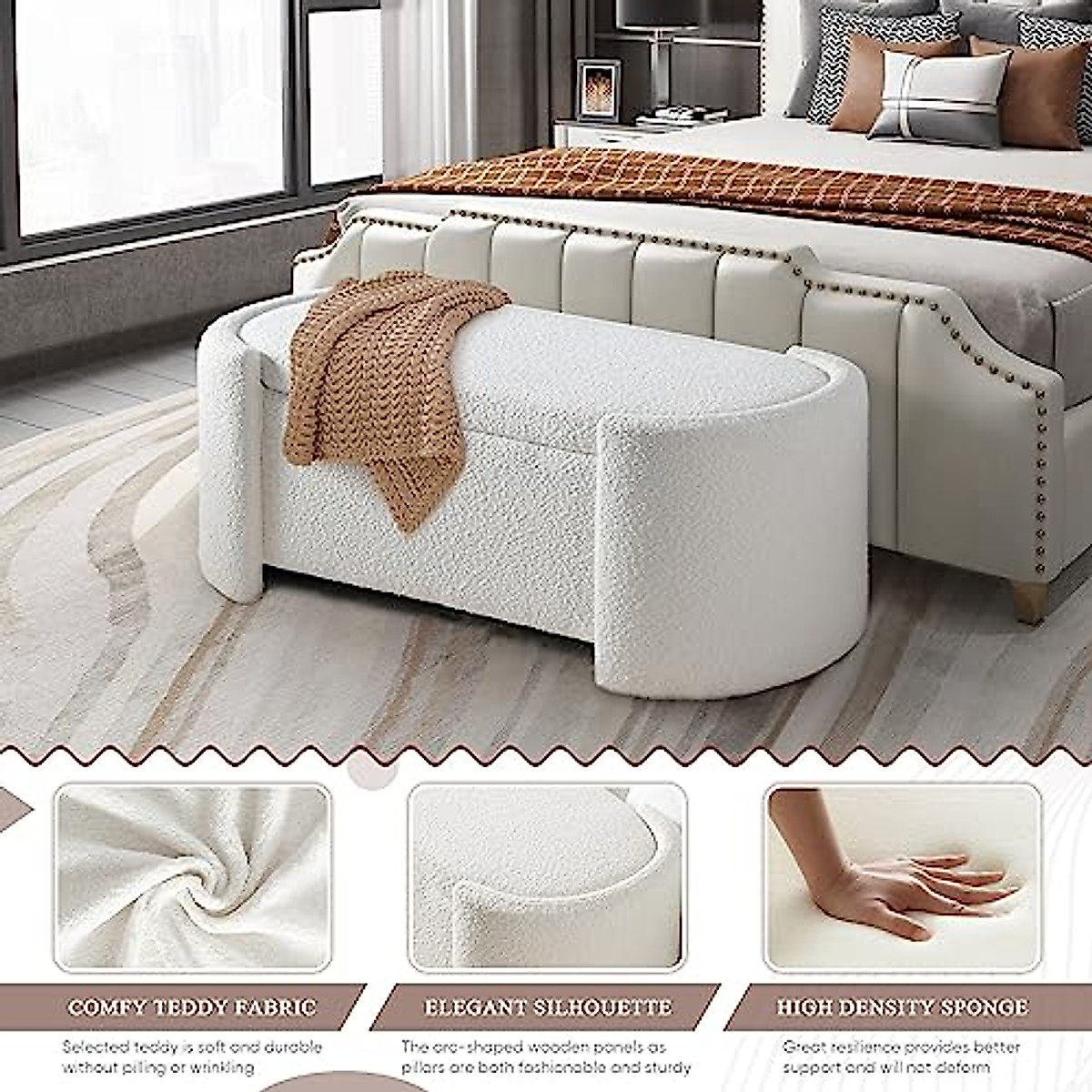 KINFFICT 43.4" Storage Ottoman Bench for Bedroom End of Bed, Upholstered Boucle Storage Bench, Modern Sherpa Benches Furniture with Safety Hinge for Entryway, Bedroom, Living Room, Teddy White