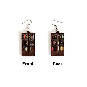 twinkle eye Double Sided Bookcase Wooden Earrings, Bookcase Dangle Earrings With Book Shelves Patterned Pendant Earrings, Gifts For The Beginning Of School Season