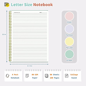 Umriox 4 Pack Lined Spiral Journal Notebook, 160 Pages 8.5" x 11" College Ruled Spiral Notebook with Sticky Tabs, Large Notebook for Work, Travel Journal, School