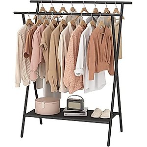 Laiensia Double Rods Clothing Racks for Hanging Clothes,Portable Clothing Hanging Garment Rack with Bottom Oxford Cloth Shelves,Black