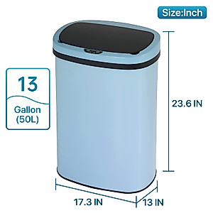 Dkeli Kitchen Trash Can for Bathroom Bedroom Home Office Automatic Touch Free High-Capacity Garbage Can with Lid Brushed Stainless Steel Waste Bin 13 Gallon / 50L - Blue