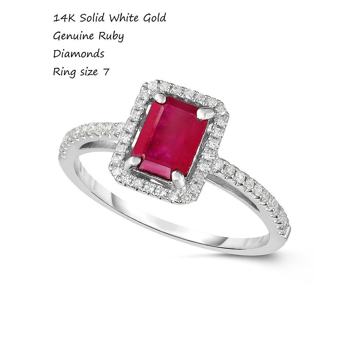 KOKAV 14K White Gold Genuine Ruby 1 Ct Emerald Cut with Diamonds Ring, Size 7
