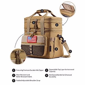 JOYHILL 18 L Tactical Lunch Box - Insulated, Leakproof, and Expandable Double-Deck Cooler Bag for Work, Camping, Picnic - Durable Black Lunch Bag for Adults,24 Can