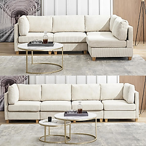 FANYE Modern Free Combinable Convertible Modular Sectional Sofa Couch W/Wood Legs and 2 Pillows for Home Apartment Office Living Room,Comfy Corduroy Upholstered Deep Seat Sofa&Couch for 4