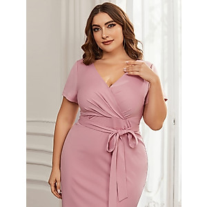 Ever-Pretty Women's Plus Size Short Sleeves Bodycon Midi Wrap Work Dress Dusty Rose 2XL