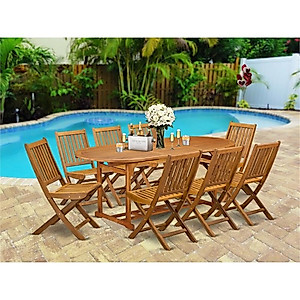 East West Furniture BSDK9CWNA 9 Piece Patio Garden Table Set Includes an Oval Outdoor Acacia Wood Dining Table and 8 Folding Side Chairs, 36x79 Inch, Natural Oil