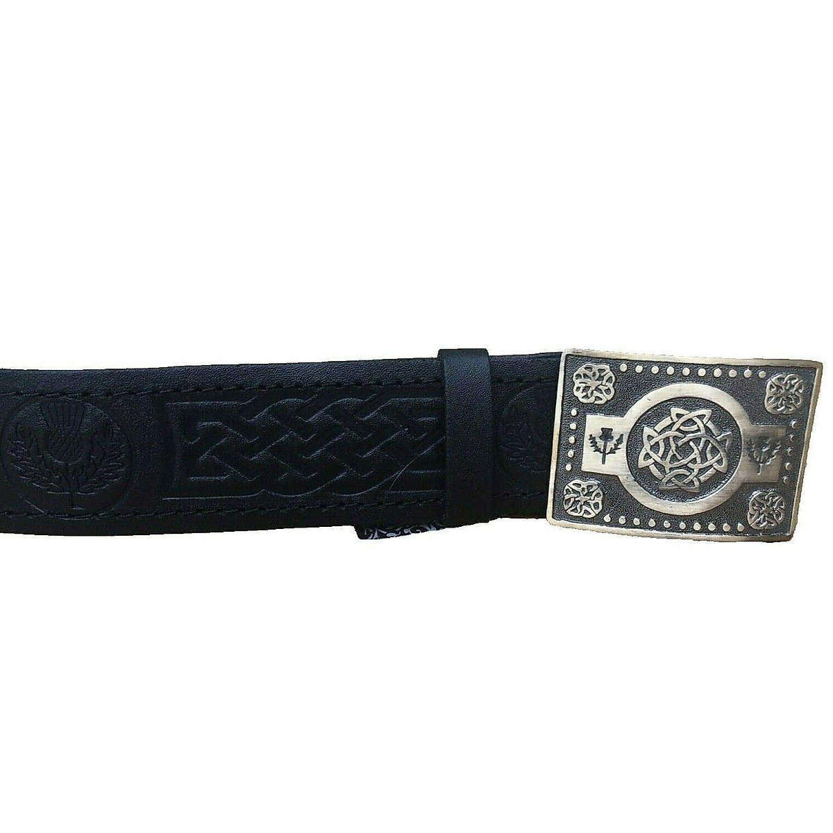 Black Leather Thistle Design Scottish Highland Kilt Belt With Antique Finish Buckle
