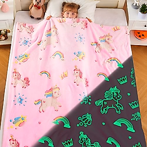 inhand Glow in The Dark Blanket Unicorn Kids Throw Blanket for Couch Unicorn Soft Fleece Blanket Gift for 4-12 Girls Fuzzy Room Decor Birthday Toys, 50"x60", Pink