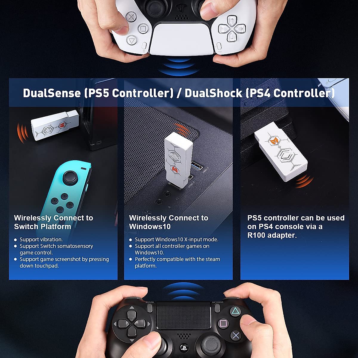 Controller Adapter, BIGBIG WON Wireless Bluetooth Controller Adapter for Xbox One X|S/Elite Series 2/PS5/PS4/Switch Pro Wireless Console Adapter for PS5/PS4/Switch/Windows 10 PC with a OTG Cable (1pc)