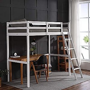 JOYMOR High Loft Bed Frame Twin Wooden Loft Bed for Kids, Junior, Teens, Adults Single Bed, No Box Spring Needed,White