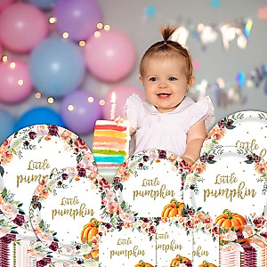 96pcs Little Pumpkin Girl Party Decorations Fall Autumn Floral Baby Shower Happy 1st Birthday Party Tableware Set 24 Guests Thanksgiving Dinner Dessert Plates and Napkins Party Supplies