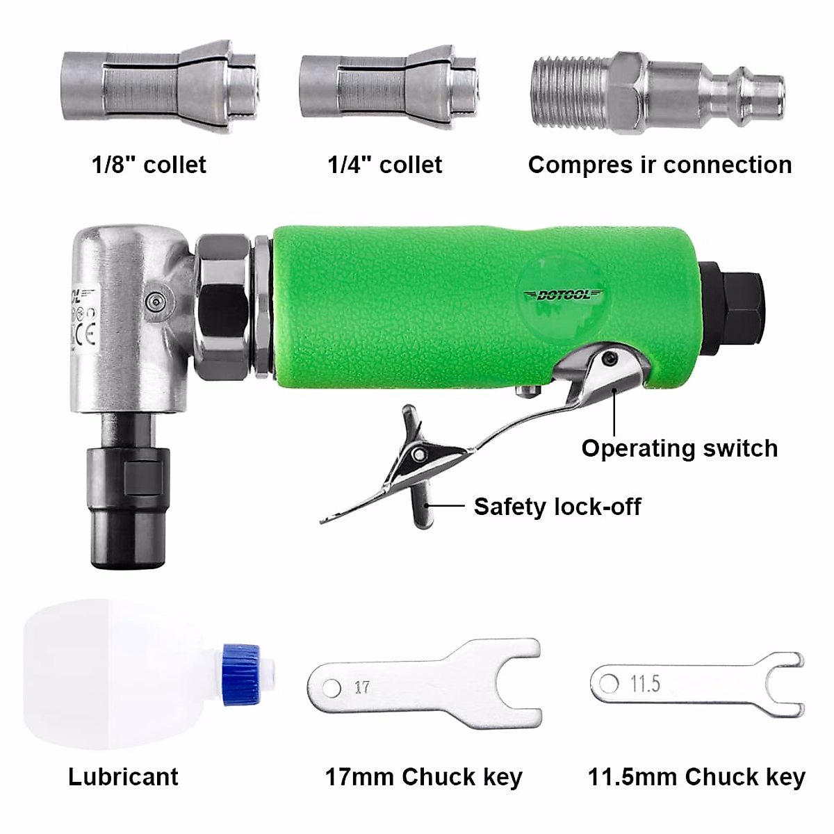 DOTOOL Air Right Angle die Grinder，1/4'' Angle Die Grinder，22000 RPM ， Pneumatic 90 Degree Die Grinder with 1/4" and 1/8" Collets for Grinding, Polishing, Cutting and More