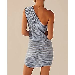 KIGRAD Women’s Sexy Y2K One Shoulder Sheer Ladder Knit Mini Dress Sleeveless Cut Out Slim Bodycon Summer Short Dresses Light Blue