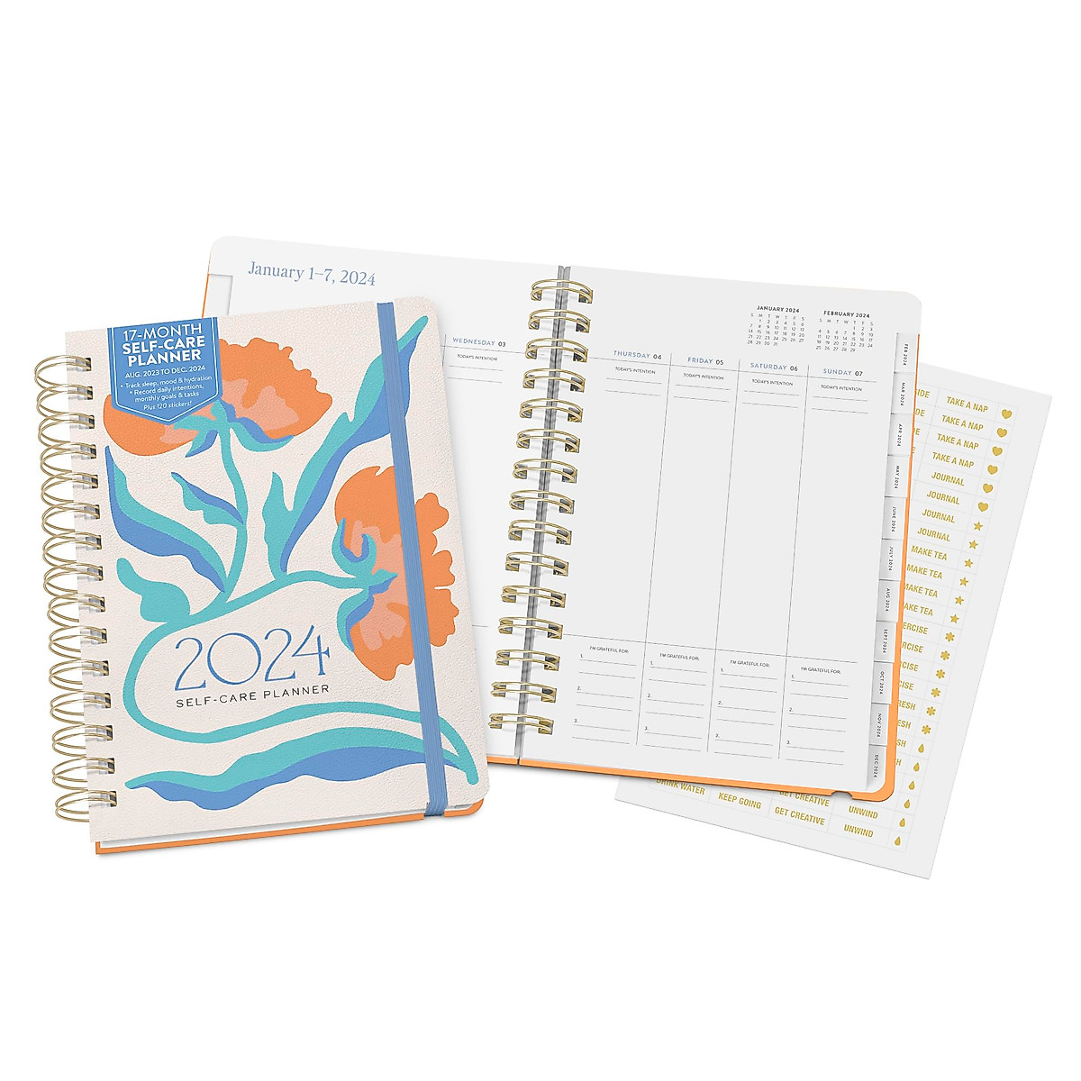 Orange Circle Studio 2024 Self Care Planner, Gratitude Journal, Spiral Notebook with Wellness Tracker, 17-Month Wire-O Bound Calendar Book, Monthly and Weekly Spread Views, Floral Flow
