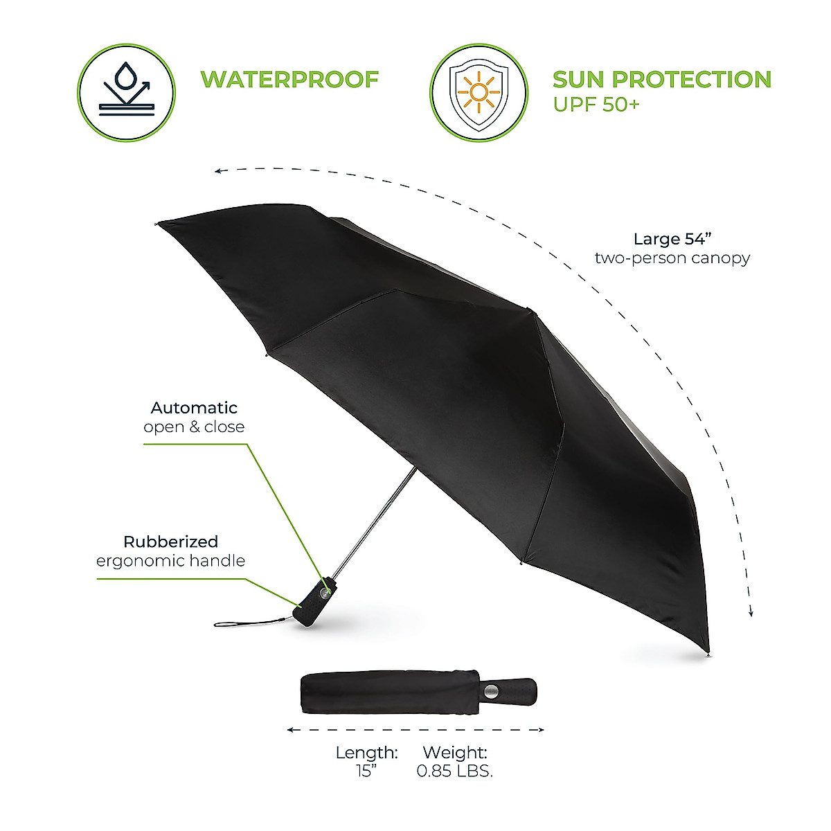 Totes Blue Line Golf Size Auto Open/Close Umbrella, Water Repellent Canopy, Black