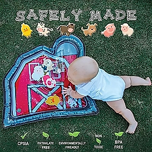 LaLa Lou Kids Tummy Time Mat Premium Inflatable Big Red Barn Farmer Toy Tummy Time Water Mat with Stimulation Toys Promoting Muscles Development and Motor Skills in Infants and Toddlers
