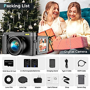 4K Digital Camera for Photography Autofocus, Upgraded 48MP Vlogging Camera for YouTube with SD Card, 3" 180 Flip Screen Compact Travel Camera with 16X Digital Zoom, Flash, Anti-Shake, 2 Batteries