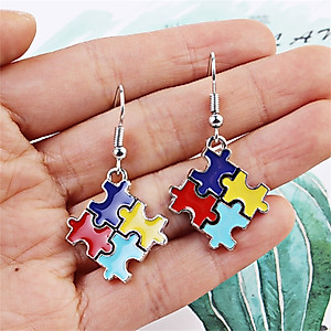 Dreuyet 8 Pairs Autism Awareness Earring Set for Women Creative Multi Color Awareness Jigsaw Autism Puzzle Geometric Earrings Jewelry (8 Pairs Autism Puzzle)