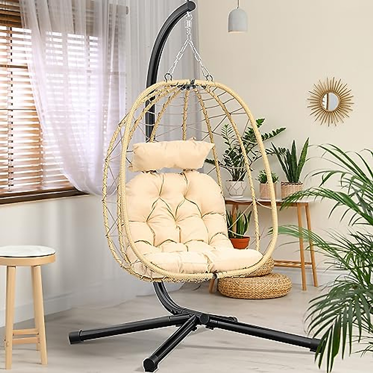 YITAHOME Hanging Egg Chair with Stand Swing Chair Wicker Indoor Outdoor Hammock Egg Chair with Cushions 330lbs for Patio, Bedroom, Garden and Balcony, Beige