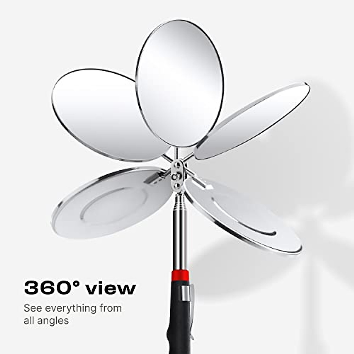 NoCry Heavy Duty Telescoping Inspection Mirror — 3.23 Inch Round Mirror on a Stick; 2-IN-1 Storage Pouch; Extendable Mirror up to 30in; Non-Slip Handle; 360° Inspection Mirror Telescoping Swivel Head