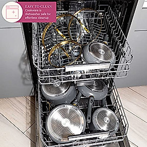 Paris Hilton Epic Nonstick Pots and Pans Set, Multi-layer Nonstick Coating, Tempered Glass Lids, Soft Touch, Stay Cool Handles, Made without PFOA, Dishwasher Safe Cookware Set, 12-Piece, Charcoal Gray