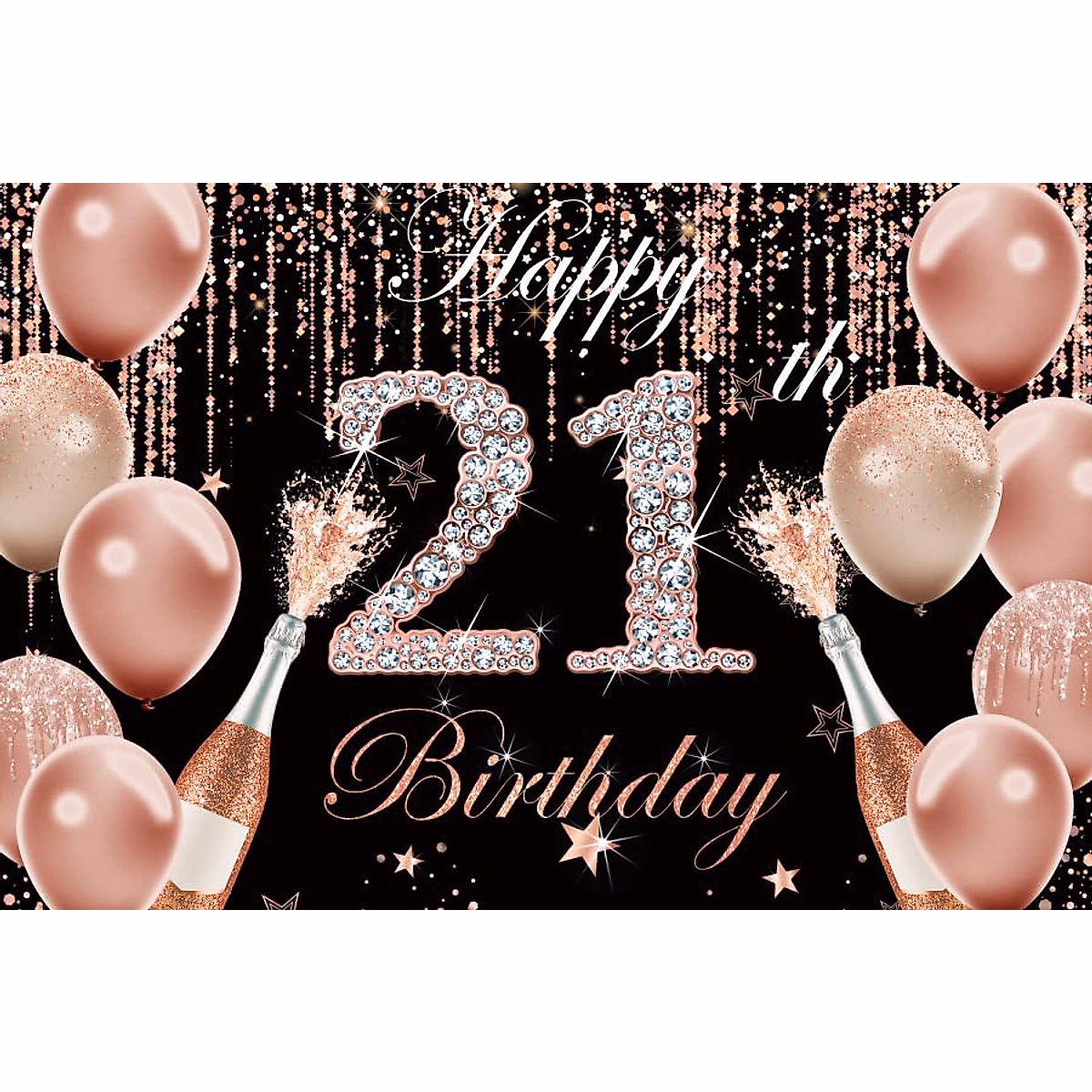 CRTPOD 10x8ft 21th Birthday Backdrop for Photography Rose Gold Balloon Champagne Diamond Glitter Background for Girl Women Birthday Party Cake Table Banner Photoshoot Studio Props