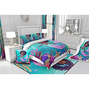 Erosebridal Black Mermaid Comforter Cover Twin Black Princess Girl Bedding Set Cute Ocean Mermaid Bed Set for Little Girls American African Duvet Cover Marine Life Room Decor 1 Pillow Case