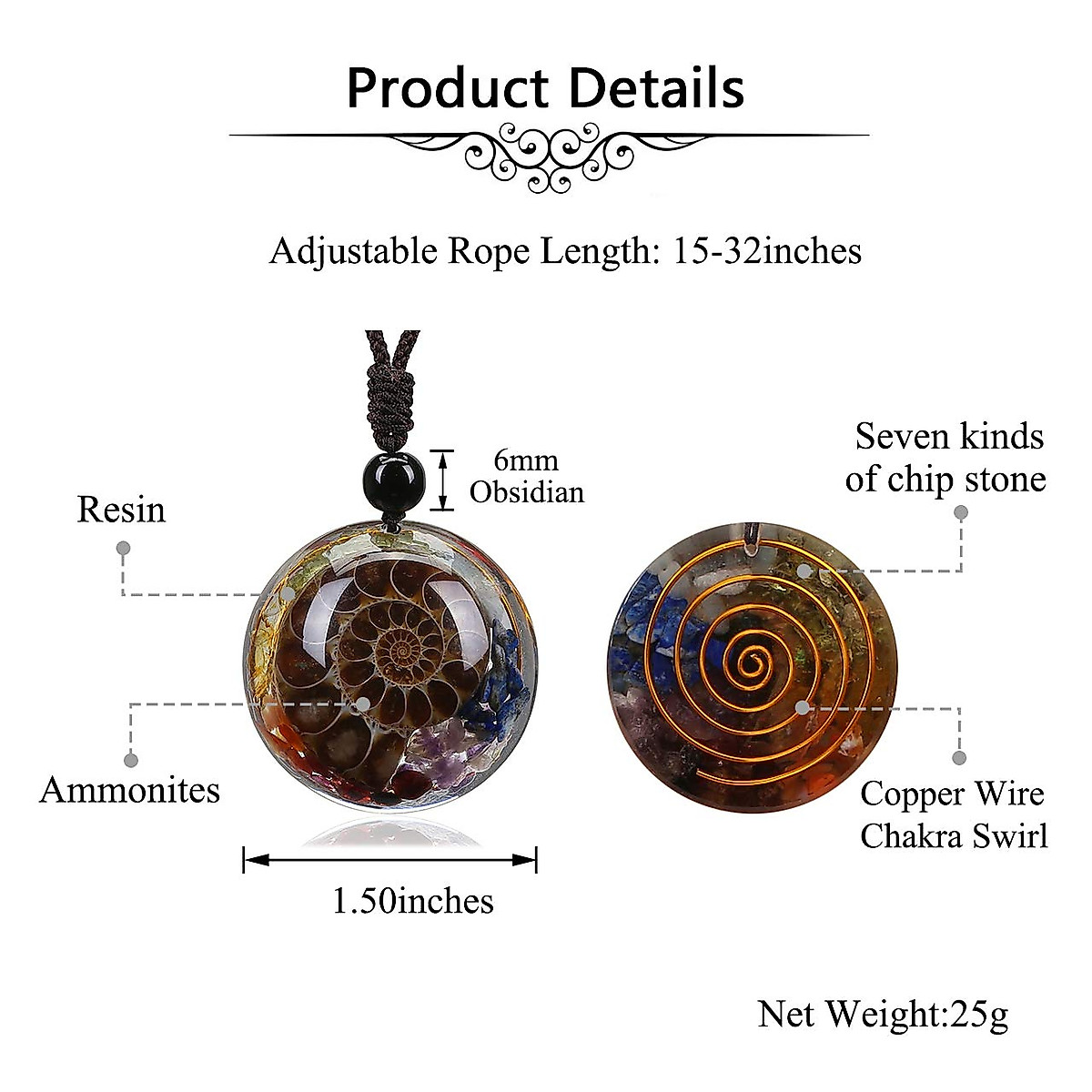 Jovivi 7 Chakra Gemstone Reki Healing Crystal Necklace Round Circle Shape Ammonite Fossil Chip Stones Resin Pendant Necklace for Women Men Jewelry Christmas Gifts