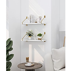 Godimerhea White Floating Shelves for Wall, Set of 2 Wall Mounted Hanging Wood Shelf with Gold Brackets, Modern Luxury Decorative Organizers Storage Shelves for Bathroom, Living Room, Bedroom