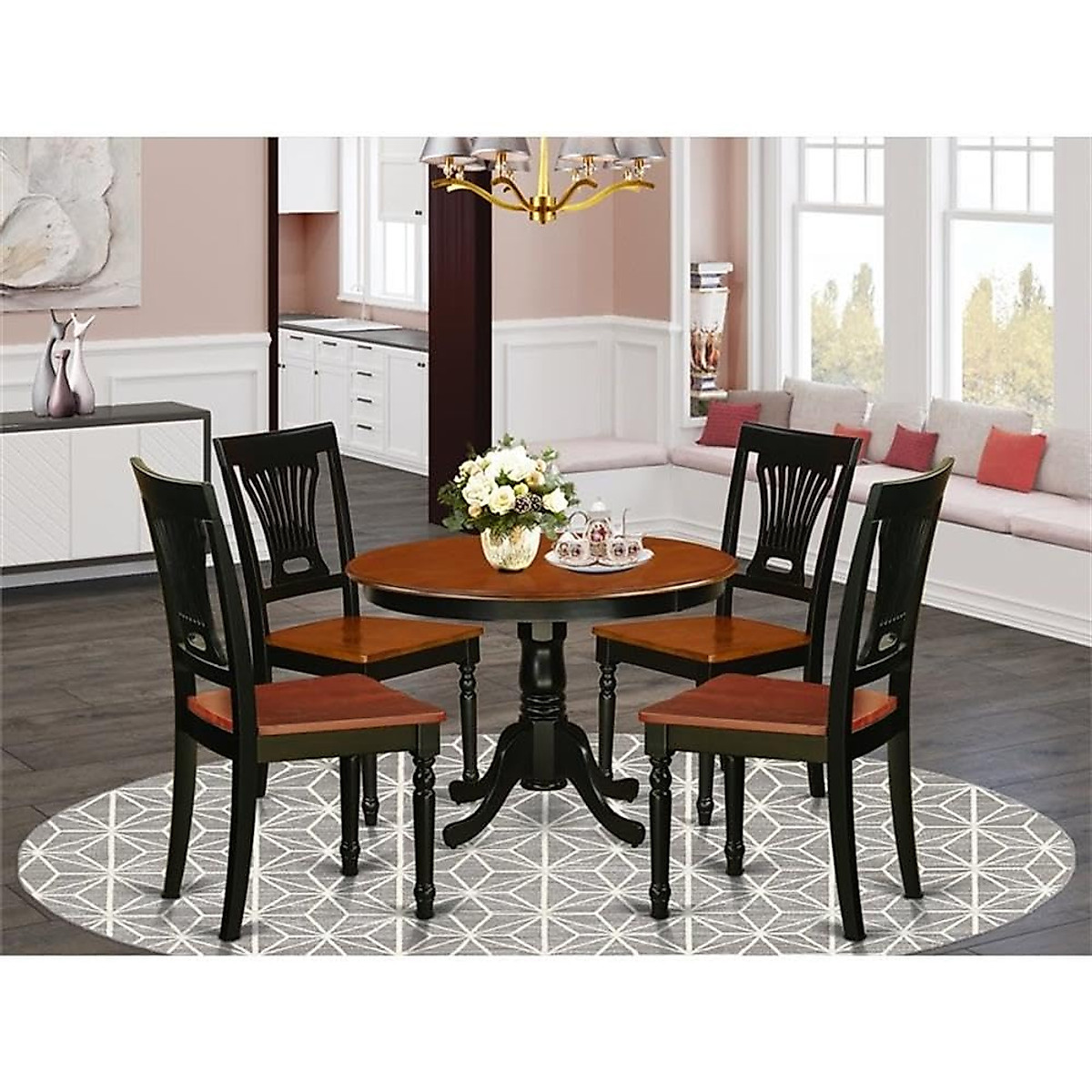 East West Furniture HLPL5-BCH-W 5 Piece Kitchen Table Set for 4 Includes a Round Dining Room Table with Pedestal and 4 Dining Chairs, 42x42 Inch, Black & Cherry
