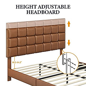 Yaheetech Upholstered Platform Bed Frame with Square Tufted Faux Leather Headboard Height Adjustable, Mattress Foundation Wooden Slats Support No Box Spring Needed, Amber Brown-Queen