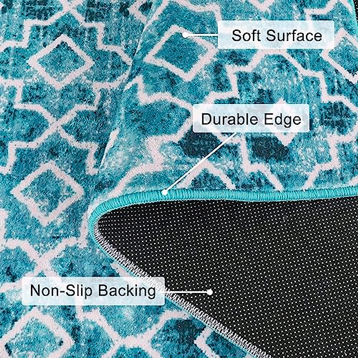Moynesa Boho 3x5 Area Rug, Modern Washable Teal Kitchen Rugs Non-Slip Entry Throw Rug Laundry Room Rugs Faux Wool Mat Low-Pile Floor Carpet for Entrance Living Room Bedroom Dining