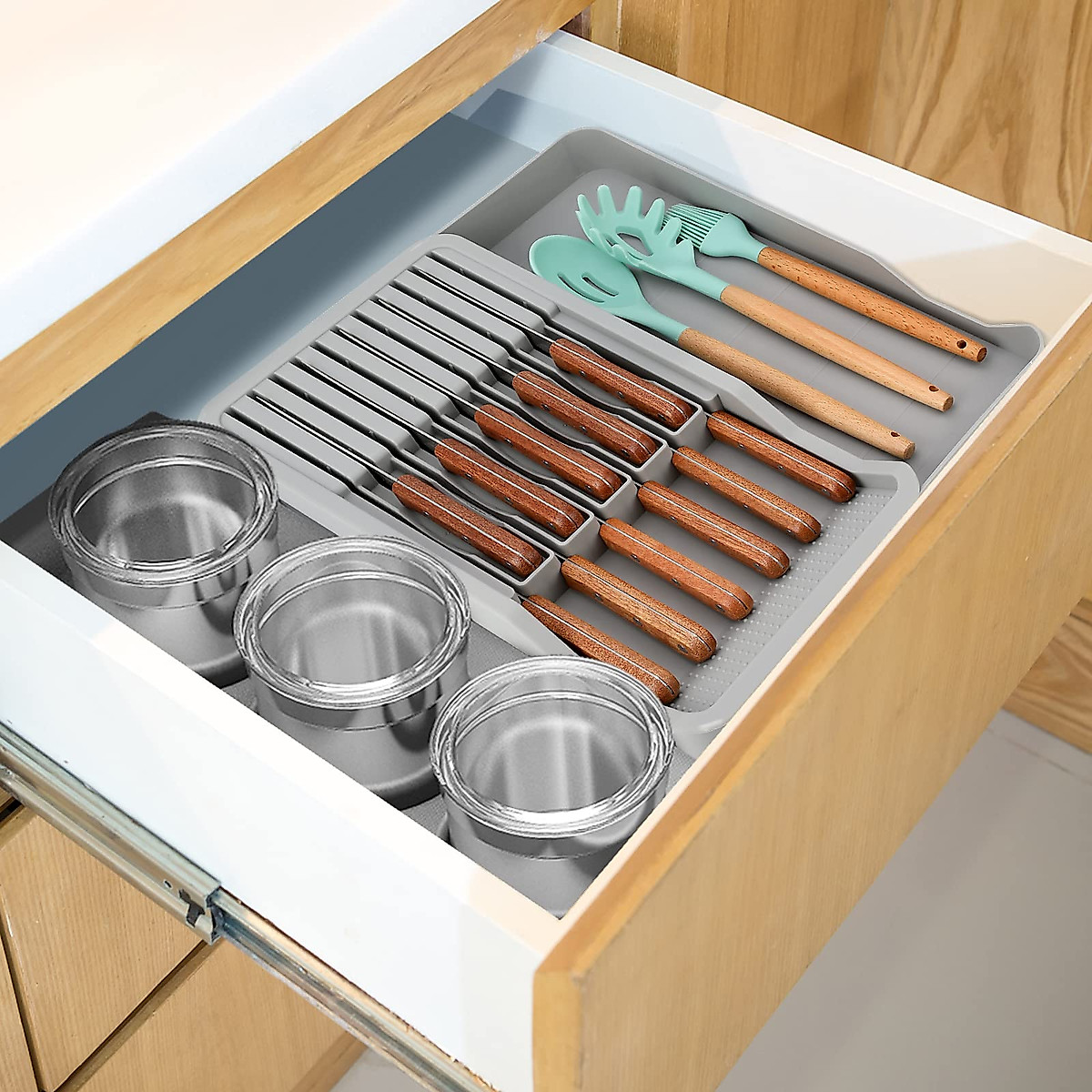 AWZITUO In Drawer Knife Organizer, 2 Tier Kitchen Knife Drawer Holder Insert with Expandable Storage Tray Holds 11 Knives, Drawer Knife Organizer for Kitchen Saves Space (Gray)