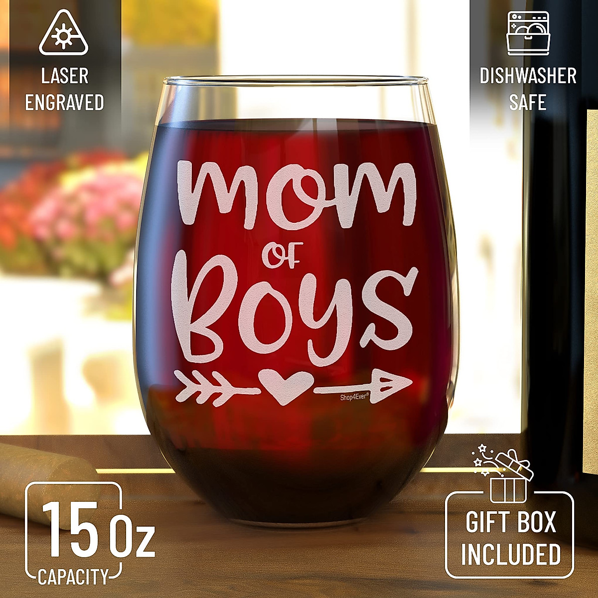 shop4ever Mom Of Boys Laser Engraved Stemless Wine Glass Boy Mom Glass
