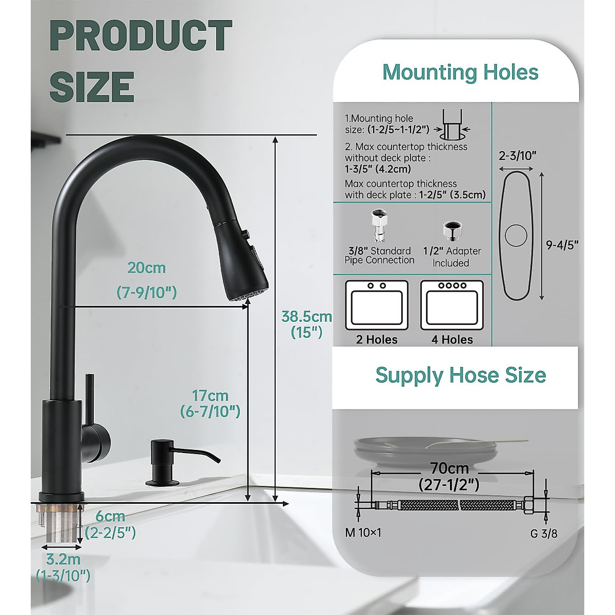 Matte Black Kitchen Faucet with Pull Down Sprayer and Soap Dispenser, DAYONE Single Handle High Arc Stainless Steel Kitchen Faucet Tap, with Escutcheon & 3 Functions, DAY-APS257MB