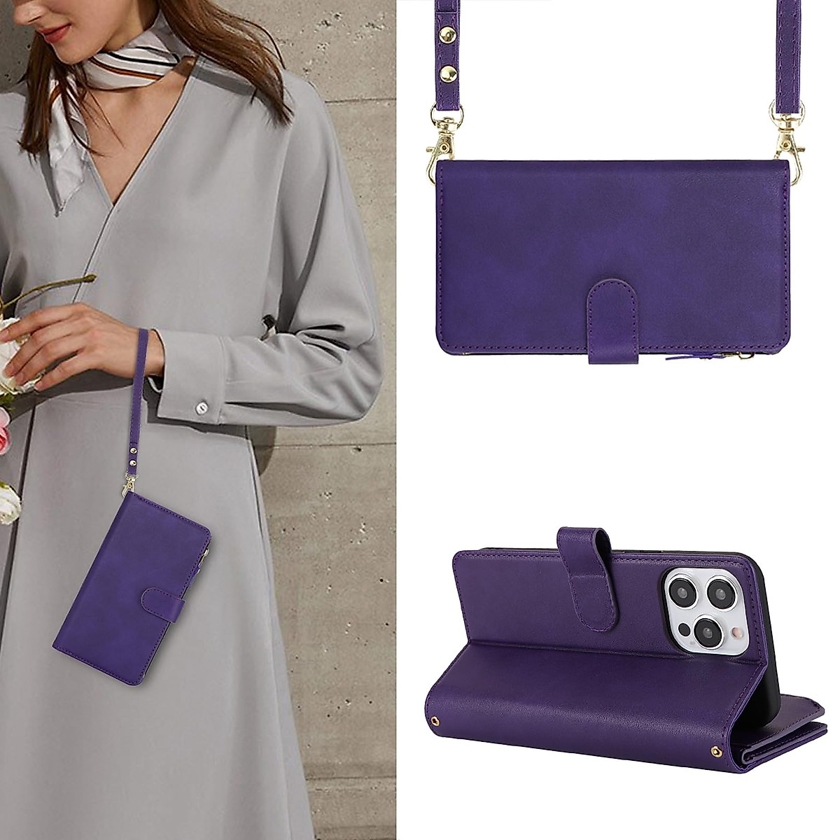 Jaorty Crossbody Case for iPhone 15 Pro Max, Purple with Strap Lanyard, Magnetic Flip Leather Wallet Case for Women, 6.7"