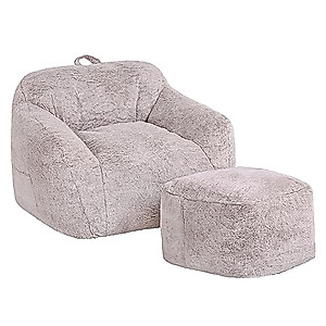 LITA Bean Bag Chair with Ottoman, Fur Faux Armrests Accent Chair High-Density Foam Filled Giant Lazy BeanBag Sofa with Pocket & Foot Stool for Living Room, Bedroom, Coffee
