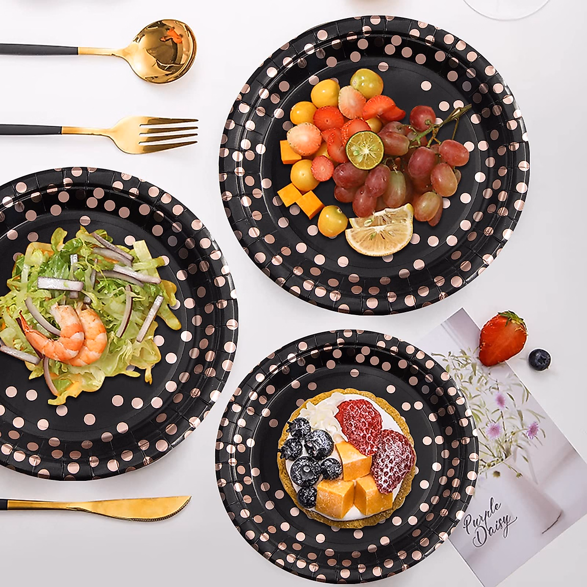 Disposable Paper Plates Round Black and Rose Gold Dots 50 x 7" Plates，Black and Rose Gold Plates Foil Polka Dots Paper Plates Party Supplies for All Occasions 50 PCS