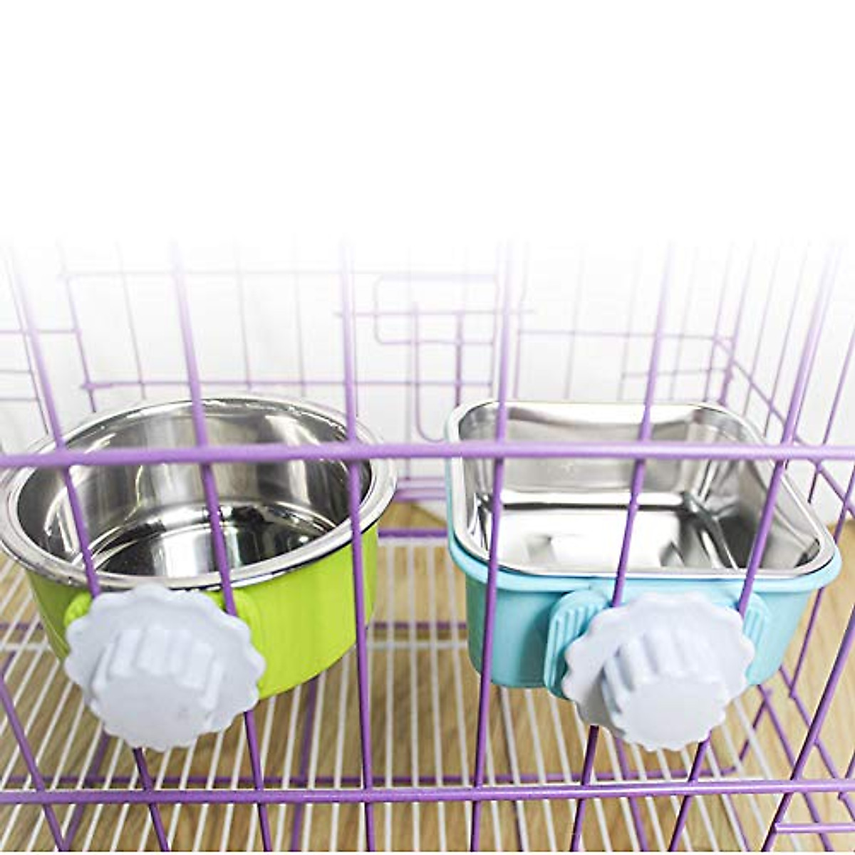 Crate Dog Bowl, Removable Stainless Steel Water Food Feeder Bowls Hanging Pet Cage Bowl Cage Coop Cup for Dogs Cats Puppy Rabbits Bird and Small Pets (Large (Pack of 2), Square (Blue+Green))
