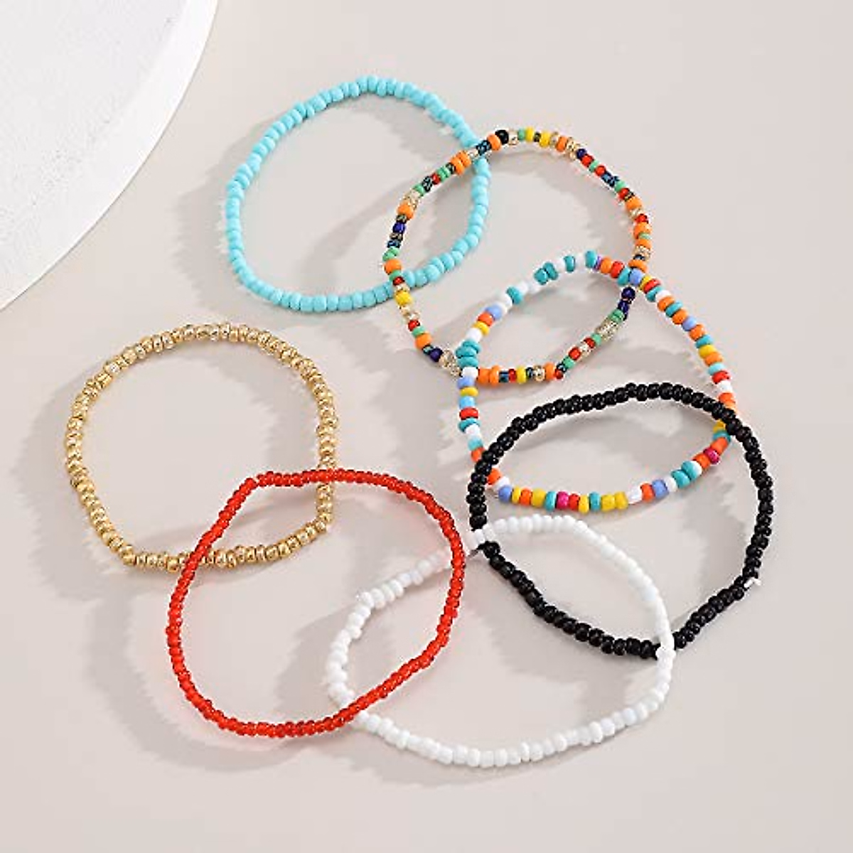 Xerling 7Pcs Bohemian Colorful Beaded Bracelets for Women Girls Aesthetic Beads Elastic Stretch Beaded Bracelet Set Multiple Layered Wrap Bangle Bracelet