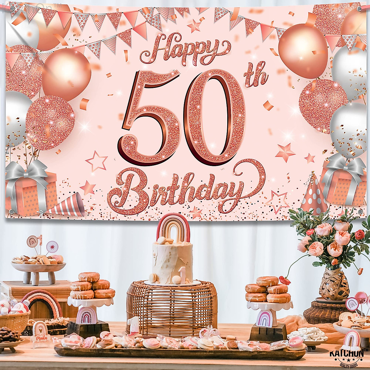 KatchOn, Xtralarge Happy 50th Birthday Banner - 72 X 44 Inch, Rose Gold Happy Birthday Banner | 50th Birthday Banner for Women | 50 Year Old Birthday | Pink 50th Happy Birthday Decorations for Women
