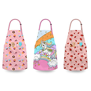 DEABOLAR Kids Aprons for Girls Toddler Donut Aprons with Pockets for Kids Cooking Baking Painting Crafting Art Gardening Adjustable, Machine Washable
