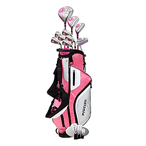 Top Line Ladies Pink Right Handed M5 Golf Club Set for Petite Ladies ( Height 5' to 5'3" ) , Includes: Driver, Wood, Hybrid, 5,6,7,8,9, PW Stainless Irons, Putter, Graphite Shafts, Bag & 3 HCs