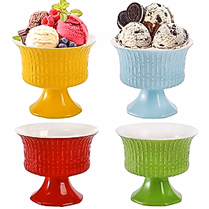 TOPZEA 4 Pack Ceramic Ice Cream Bowls, 10 oz Cute Ice Cream Sundae Cups Mini Parfait Trifle Cup, Footed Dessert Serving Tasting Bowl Dish for Yogurt, Soup, Fruit Salad, Pudding, 4 Colors