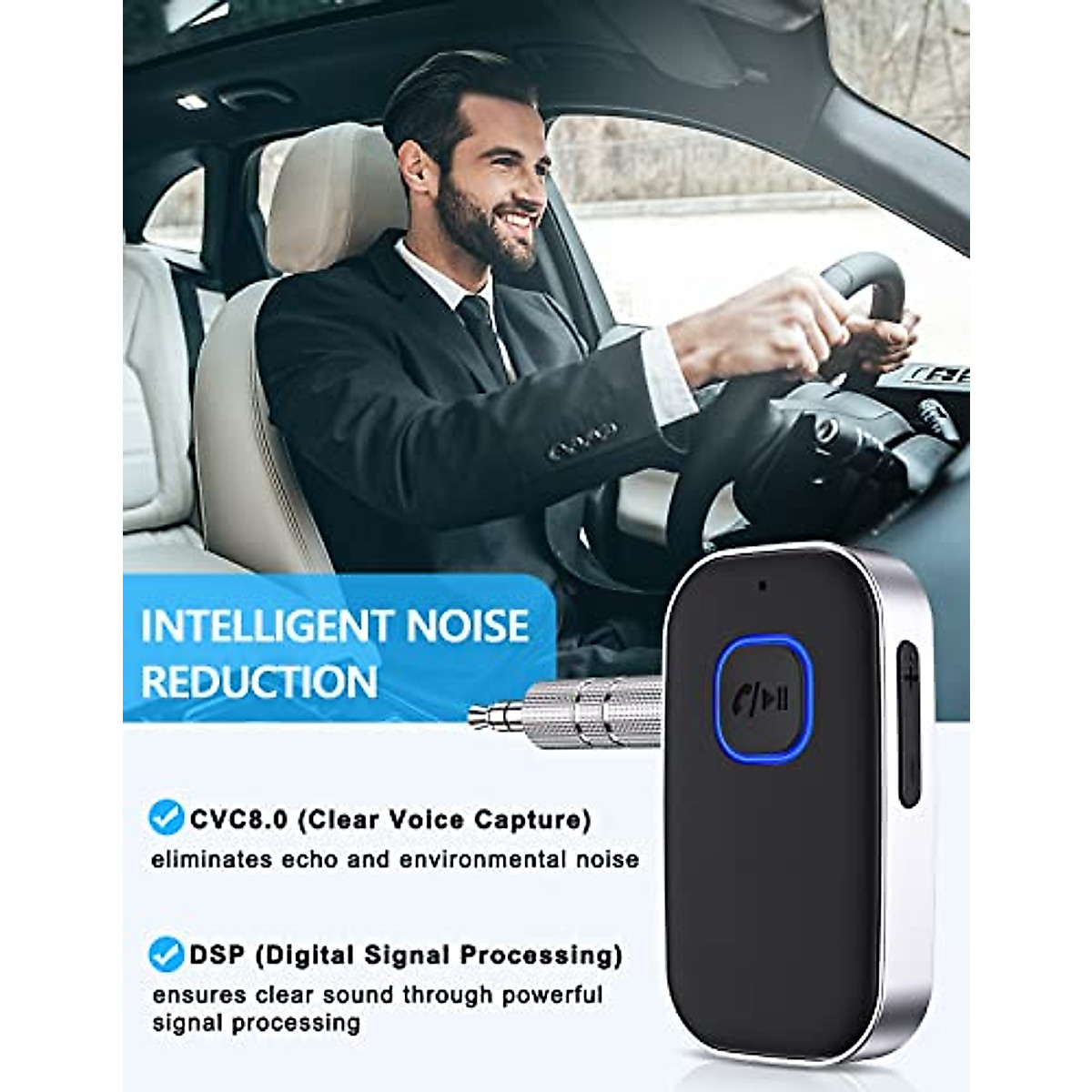COMSOON Bluetooth 5.0 Receiver for Car, Noise Cancelling Bluetooth AUX Adapter, Bluetooth Music Receiver for Home Stereo/Wired Headphones/Hands-Free Call,16H Battery Life-Black+Silver