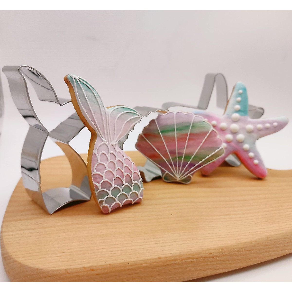 Q-BAKER Mermaid Cookie Cutters,Mermaid tail, Starfish, Seashell-Stainless Steel Holiday Cookie Cutters Shapes for Baking Gift