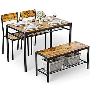 Gizoon Kitchen Table and 2 Chairs for 4 with Bench, 4 Piece Dining Table Set for Small Space, Apartment (Rustic Brown)