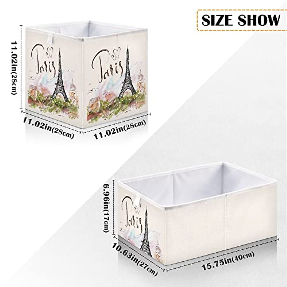 CaTaKu Paris Eiffel Tower Cubes Storage Bins 11 inch Collapsible Fabric Storage Baskets Shelves Organizer Foldable Decorative Bedroom Storage Boxes for Organizing Home