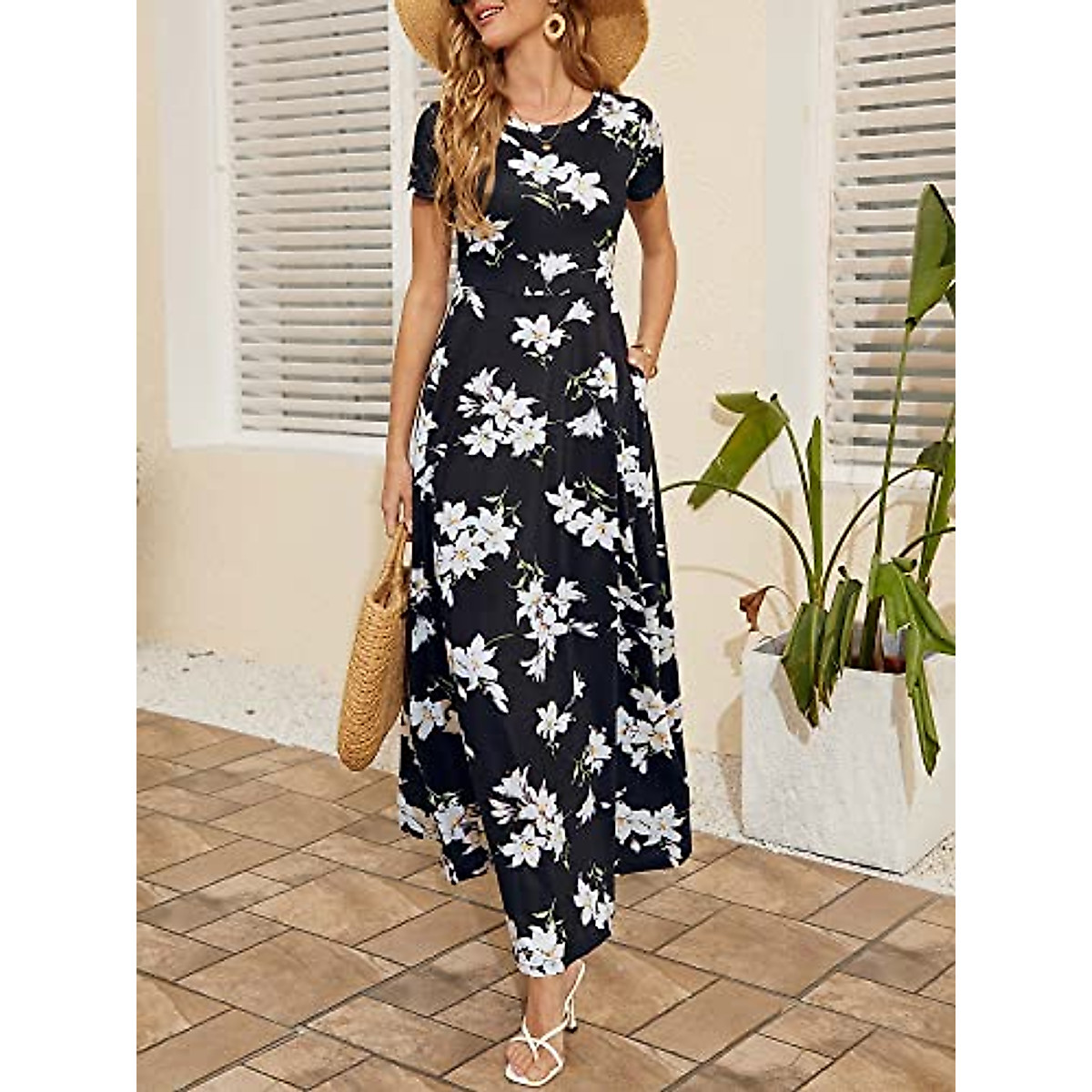 ZABERRY Womens Floral Maxi Dresses Summer Short Sleeve Round Neck Long Dress Lily Floral L