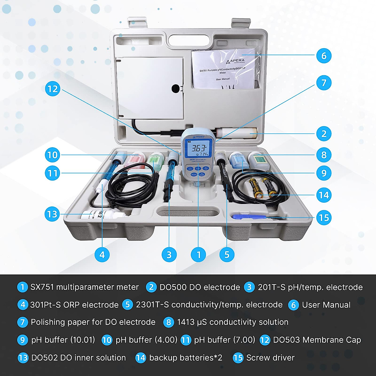 Apera Instruments SX751 pH/ORP/DO/Conductivity/TDS/Salinity/Resistivity/Portable Handheld Multiparameter Meter Kit, Silver